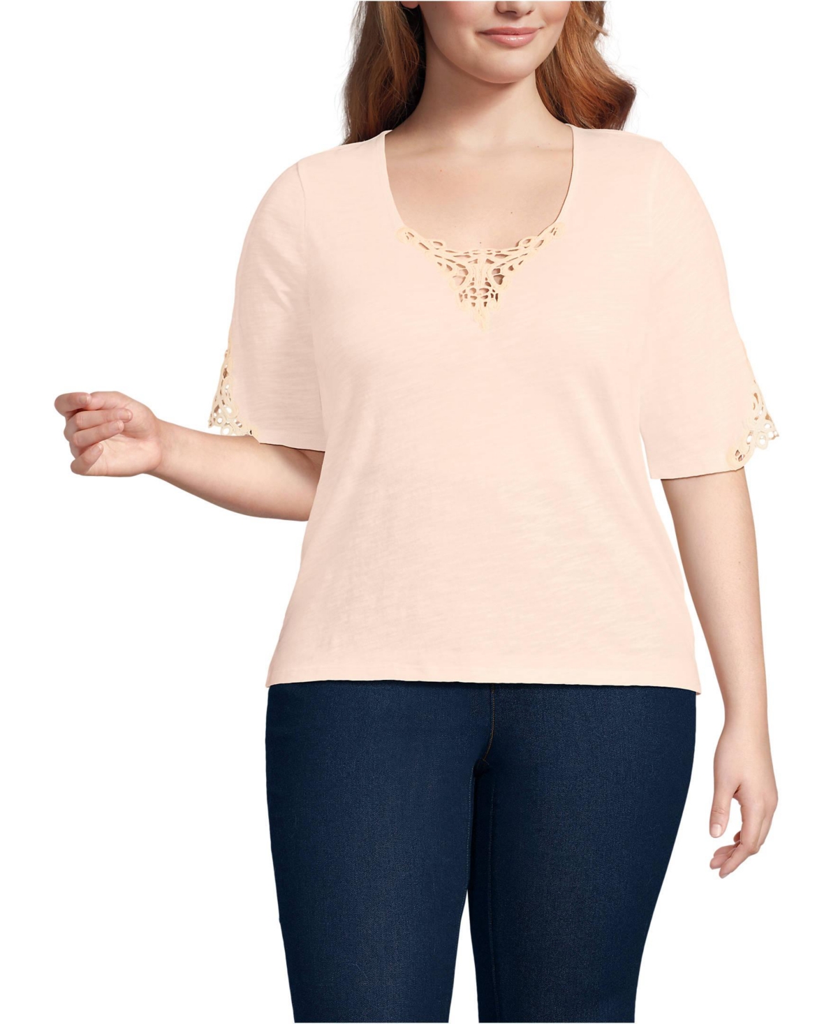 Click here for Lands End Plus Size Elbow Sleeve Slub Lace Trim T-... prices