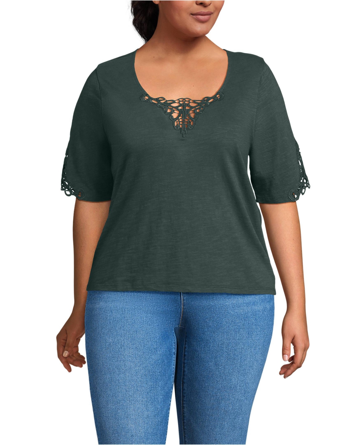 Click here for Lands End Plus Size Elbow Sleeve Slub Lace Trim T-... prices