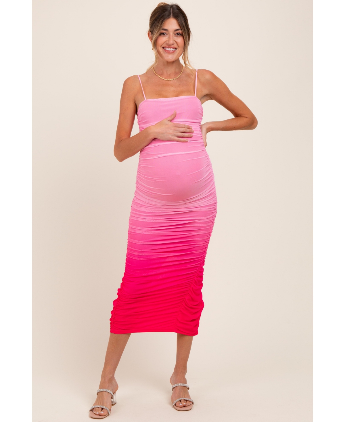 Click here for Pink Mesh Ombre Ruched Maternity Midi Dress - Pink prices