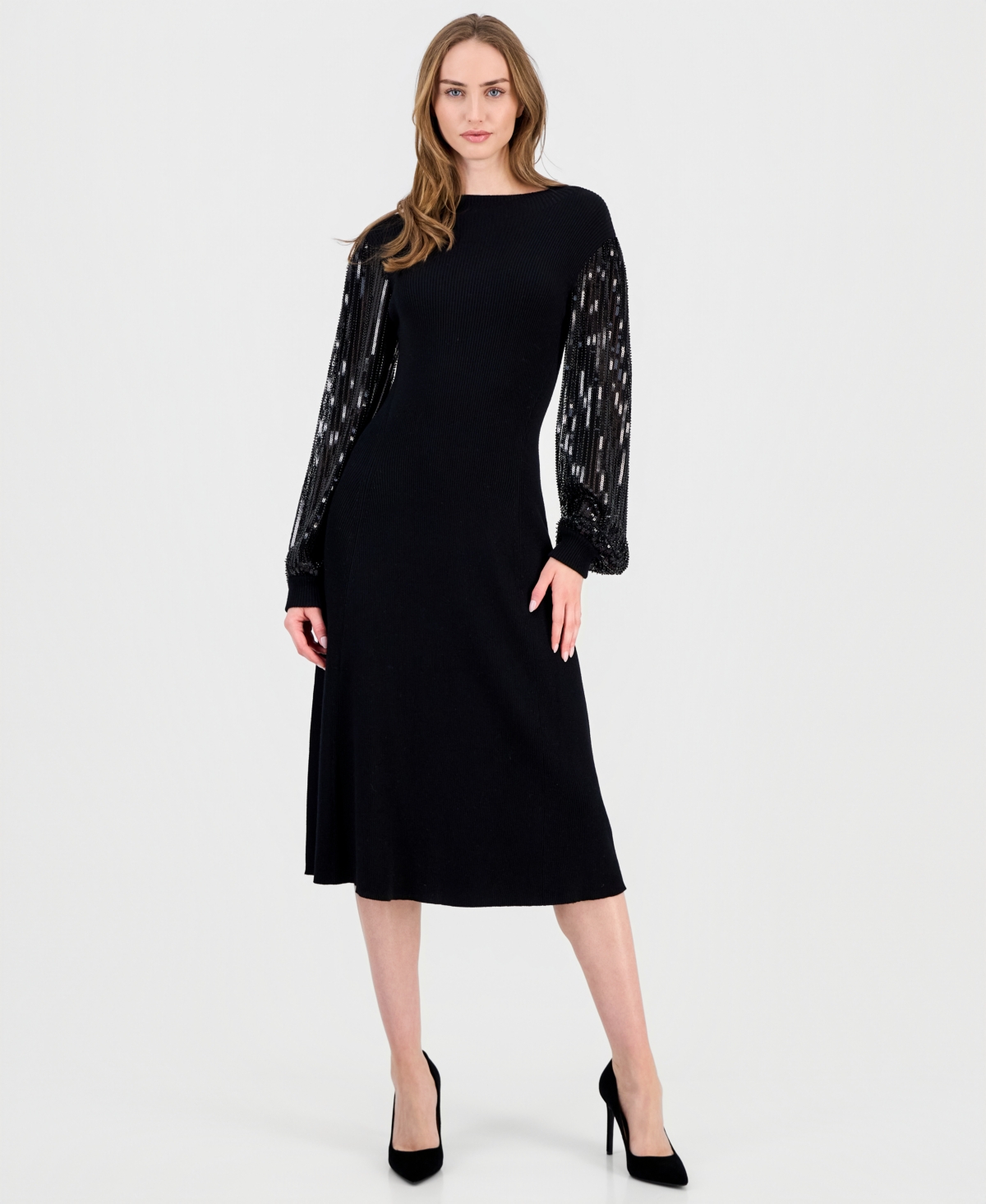 Click here for T Tahari Womens Embellished-Sleeve Ribbed Dress -... prices