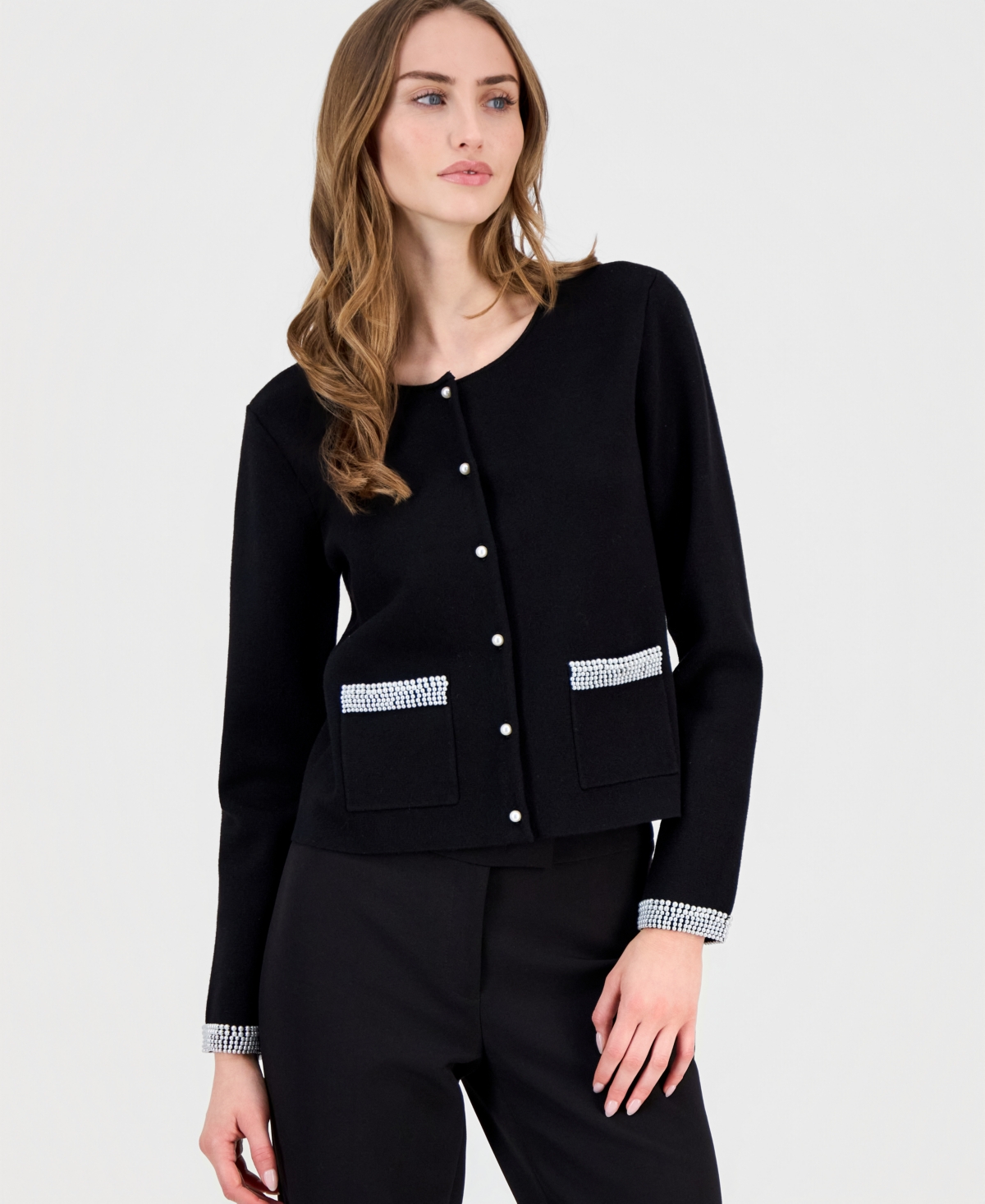 Click here for T Tahari Womens Embellished Pearl-Trim Cardigan -... prices