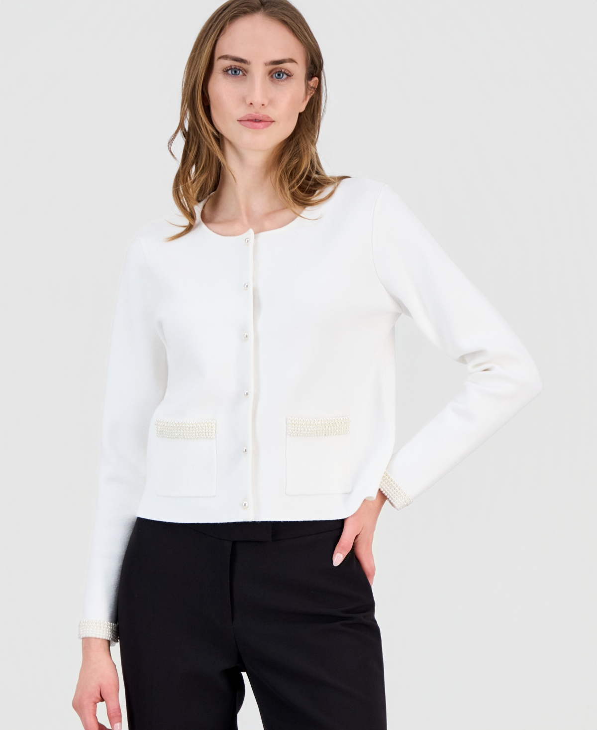 Click here for T Tahari Womens Embellished Pearl-Trim Cardigan -... prices