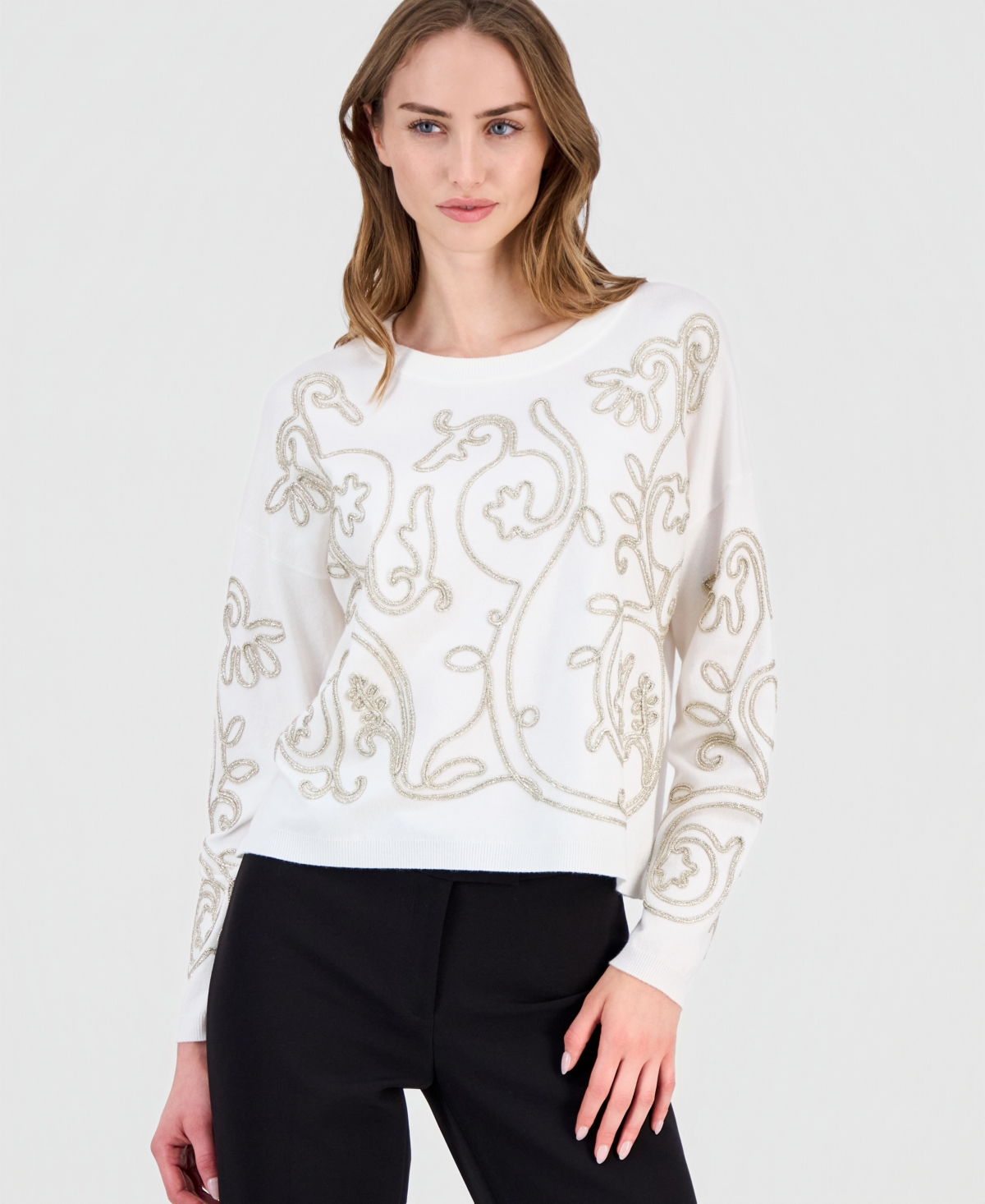 Click here for T Tahari Womens Soutache Crewneck Sweater - White... prices