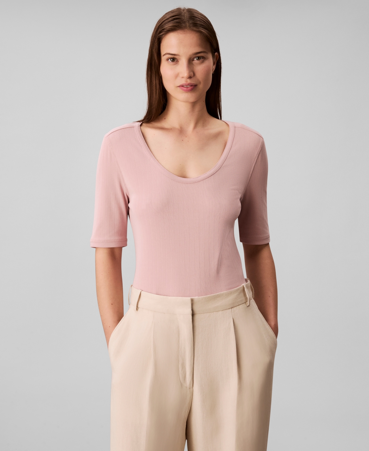 Calvin Klein Womens Scoop Neck Ribbed T-Shirt - Pale Mauve