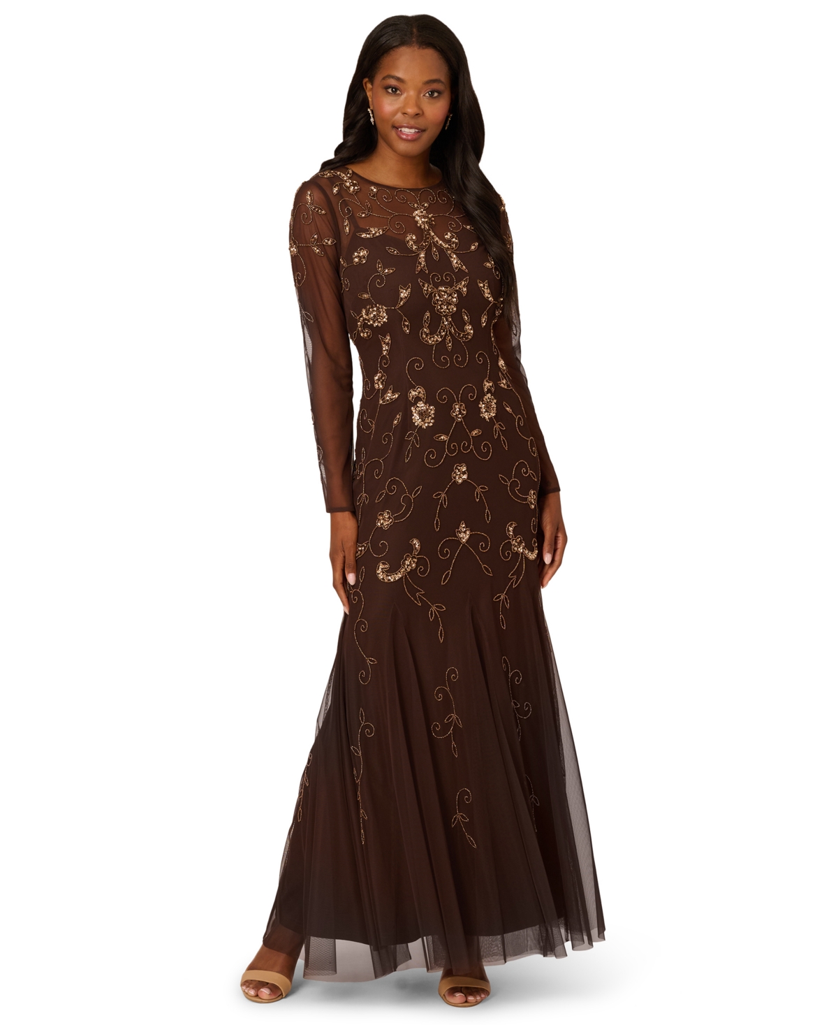 Adrianna Papell Womens Bead Detail Maxi Dress - Chocolate