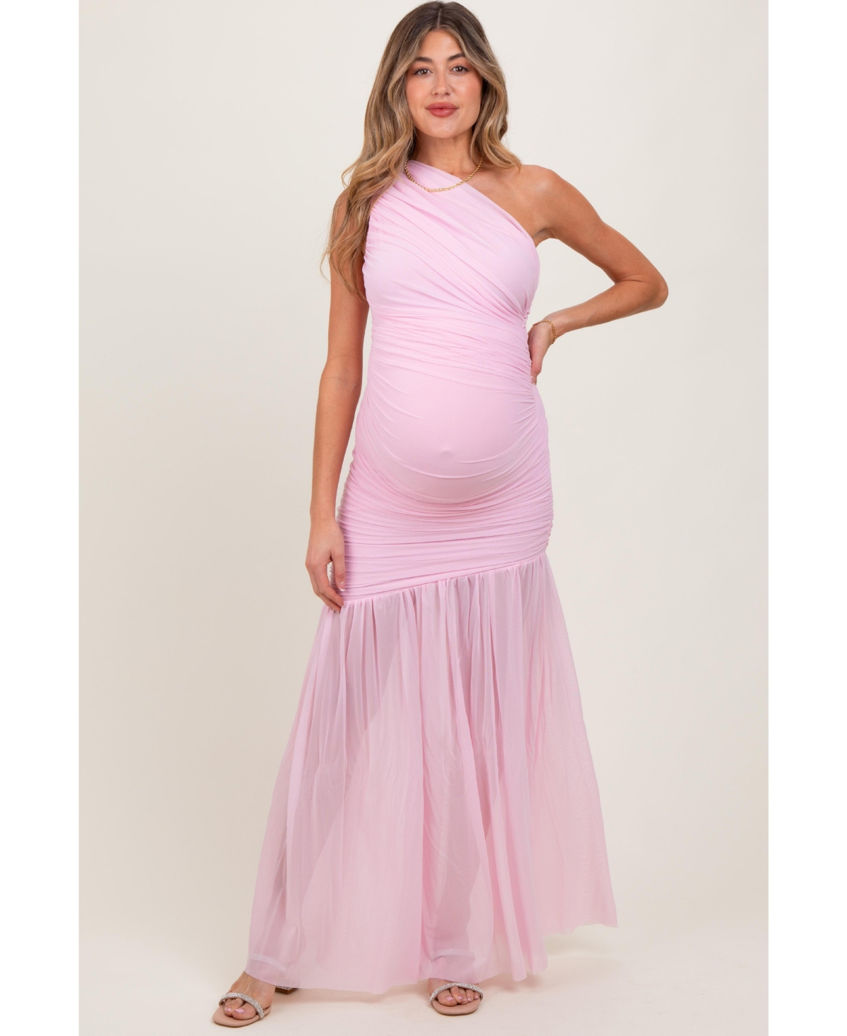 Pinkblush Light Pink Ruched Mesh One Shoulder Maternity Maxi Dress - Light pink