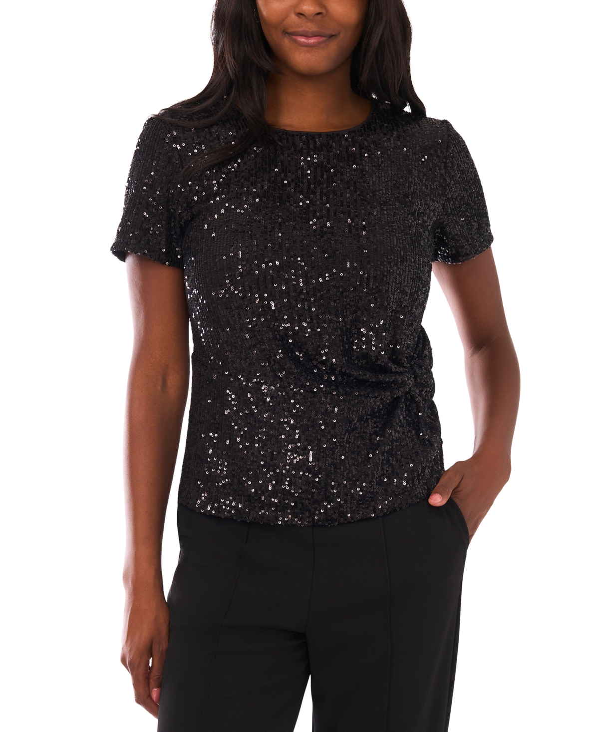 Vince Camuto Womens Short Sleeve Side Knot Top - Rich Black
