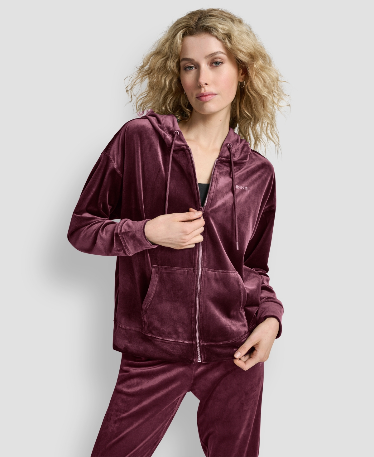 Click here for Dkny Womens Platinum Velour Rhinestone Logo Full-Z... prices