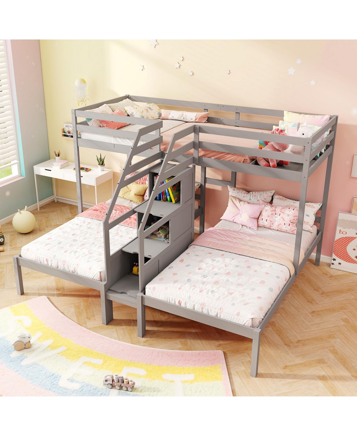 Click here for Gymax Wooden Twin Over Twin & Twin Bunk Bed w/ 4-S... prices