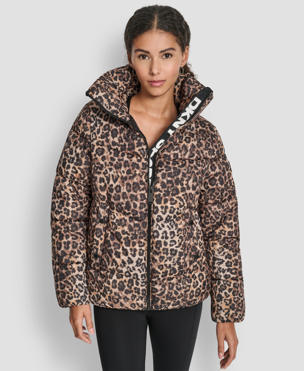 Dkny Womens Oversized Collar Quilted Puffer Jacket - Animalize Whiskey