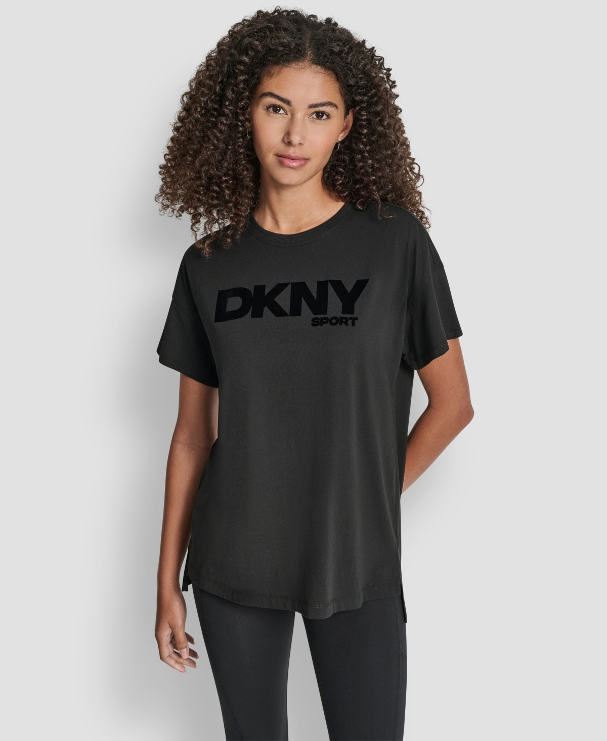 Click here for Dkny Womens Flocked Logo Drop Shoulder T-Shirt - B... prices
