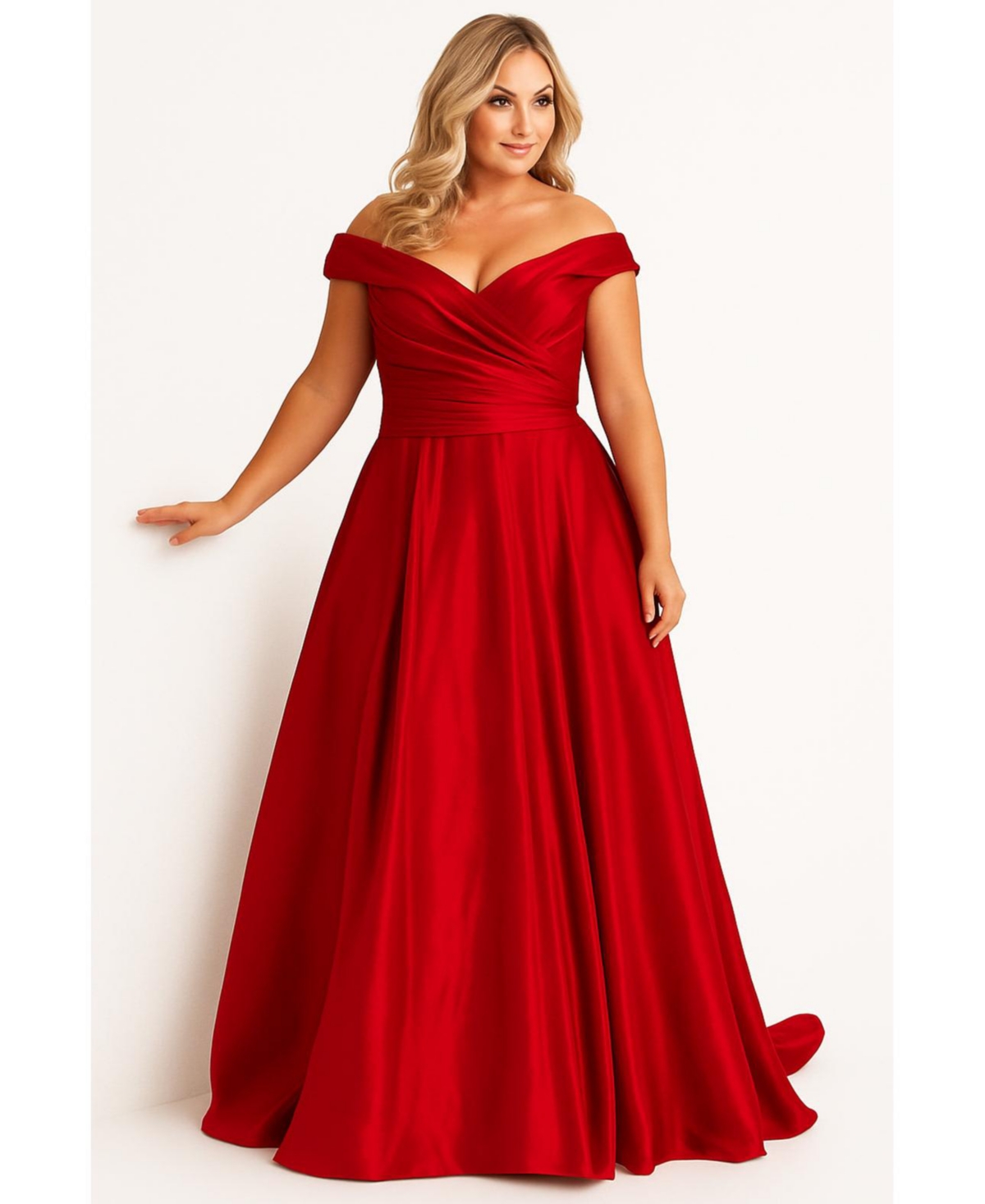 Click here for Sydneys Closet Scarlet Red Off-the-Shoulder Satin... prices