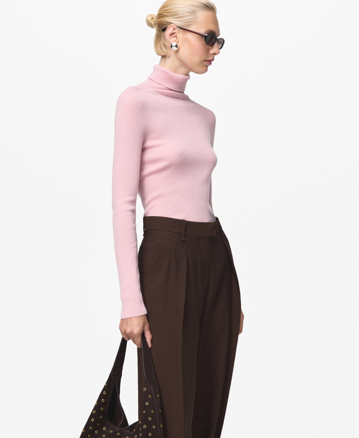 Mango Womens Turtleneck Wool Sweater - Pastel Pink