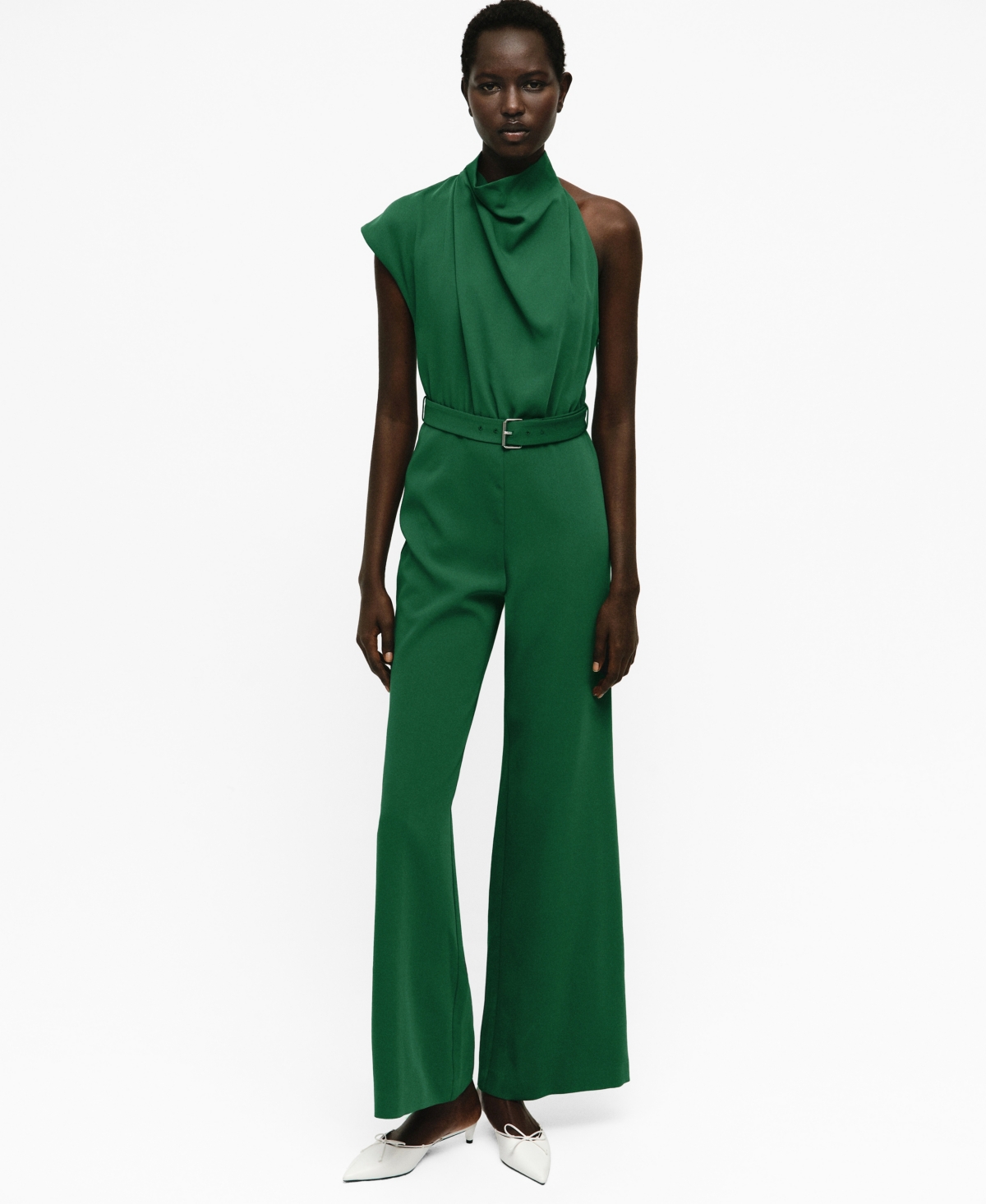 Mango Womens Belted Asymmetrical Long Jumpsuit - Green Apple