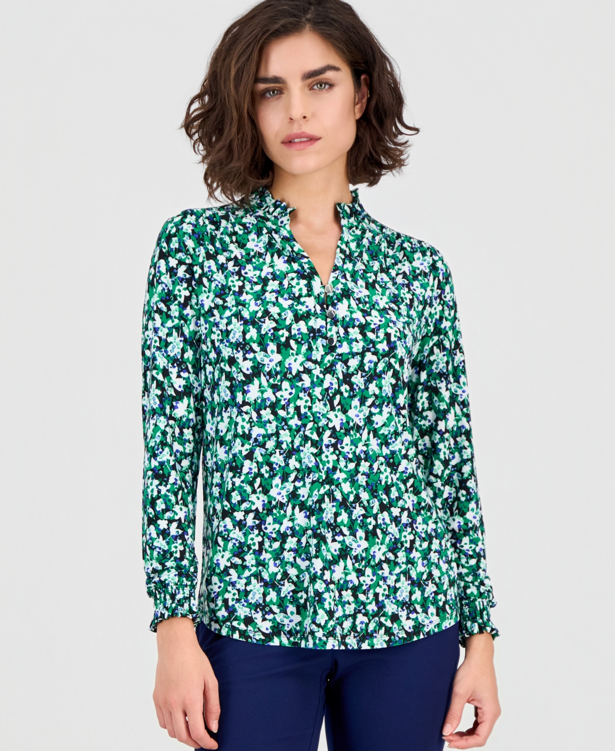 Click here for Ak Anne Klein Womens Ruffle-Neck Smock-Cuff Top -... prices