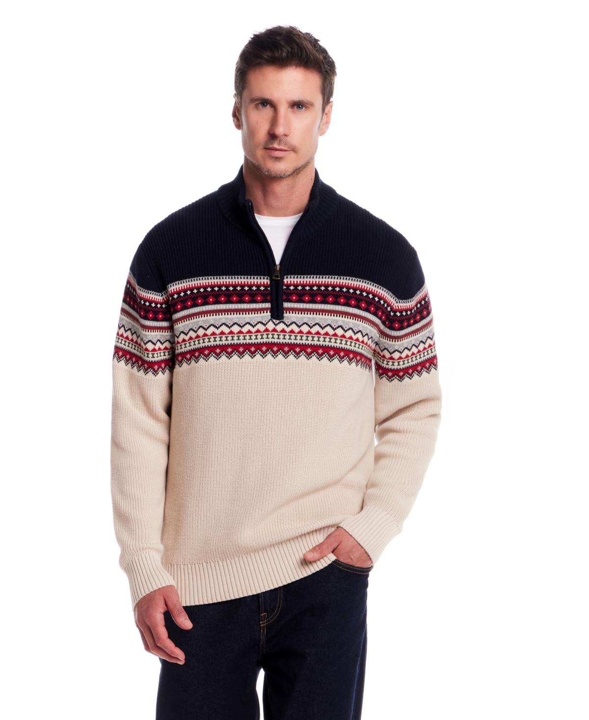 Weatherproof Vintage Mens Maine Two Tone Quarter Zip Sweater - Dark Navy
