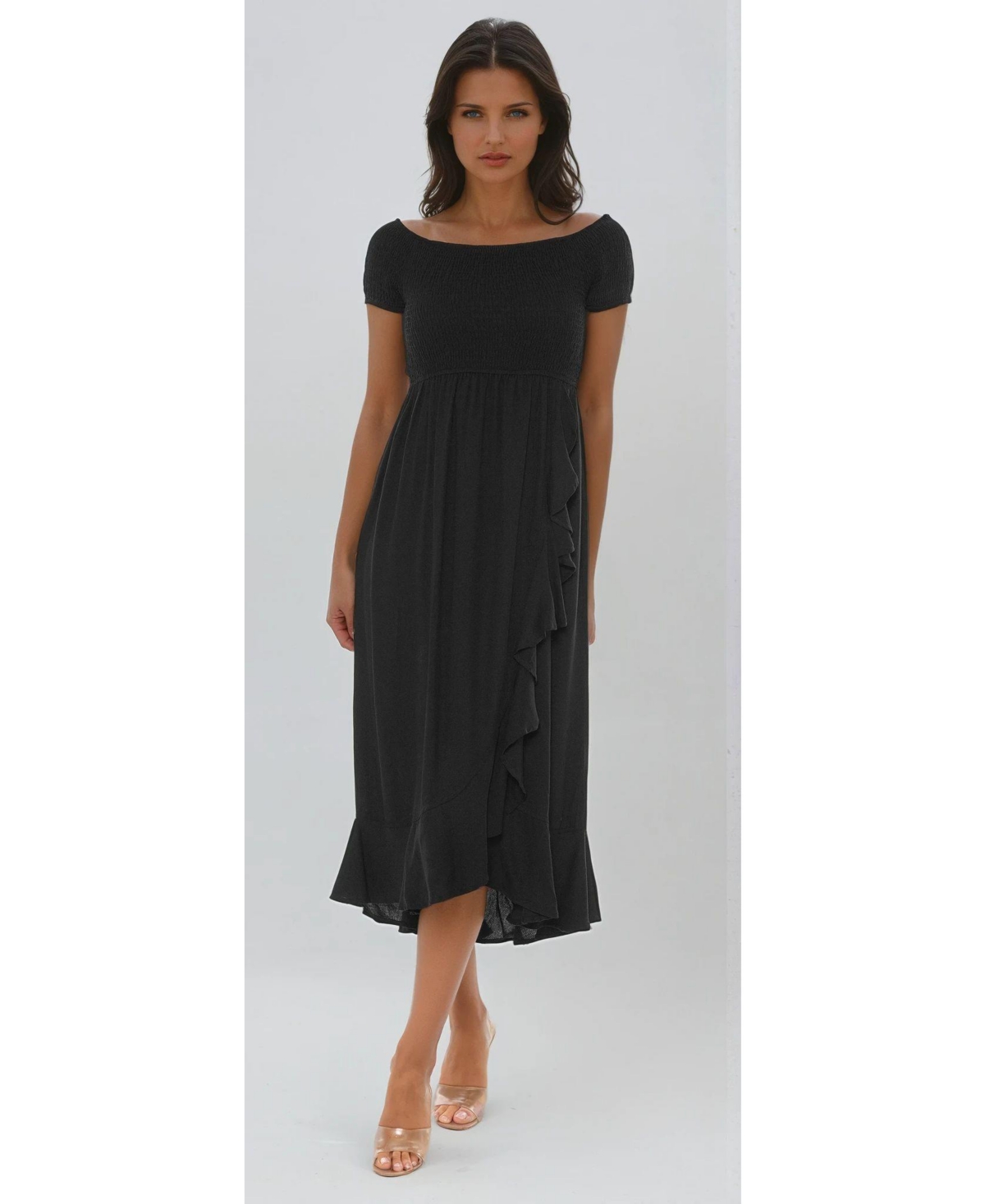 Click here for Bebe Womens Cap Sleeve Smocked Ruffle Dress - Blac... prices