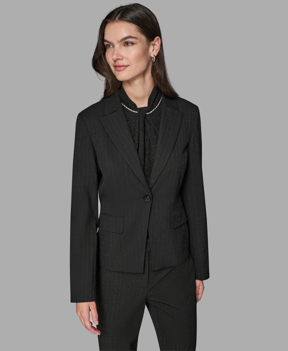 Karl Lagerfeld Paris Womens Novelty One Button Jacket - Black/Metallic