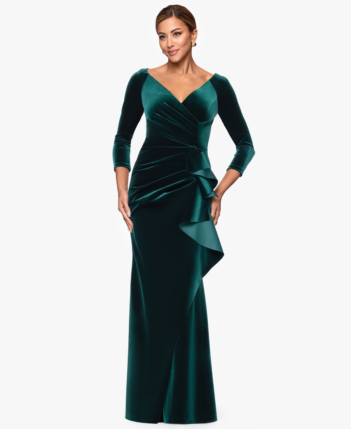 Click here for Xscape Womens V-Neck Ruffle-Front Long-Sleeve Gown... prices