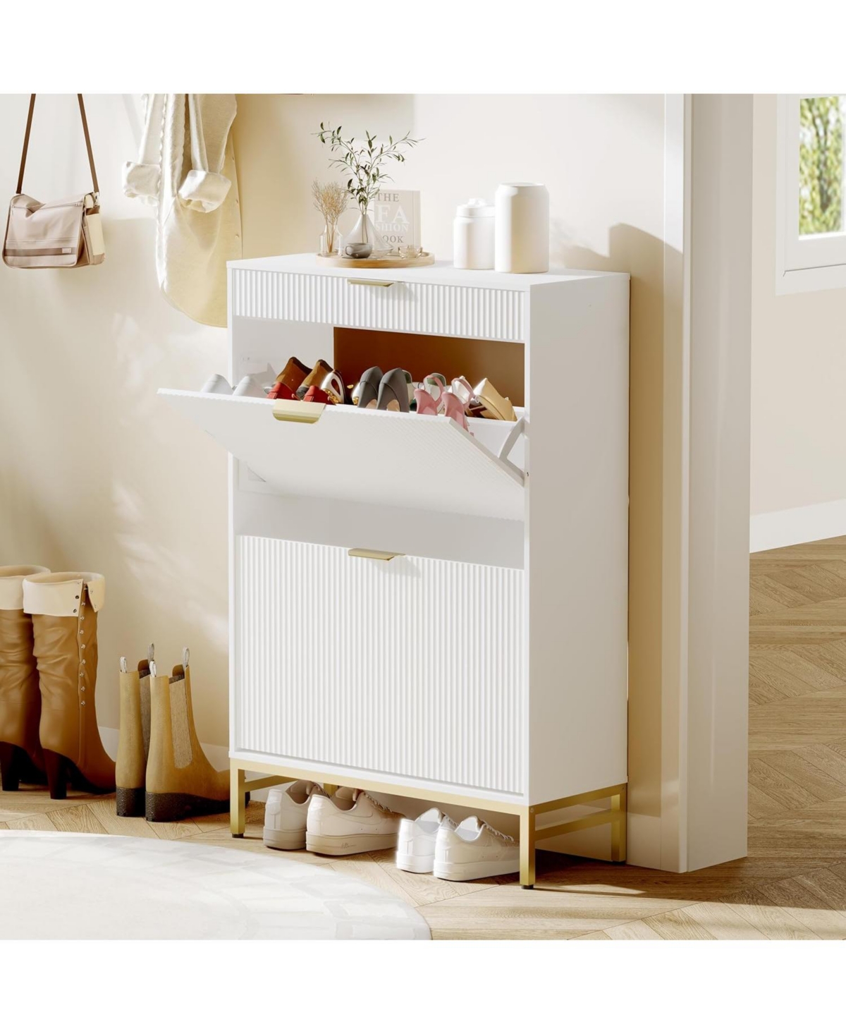 Click here for Fluted shoe cabinet with 2 flip drawers  1 drawer... prices
