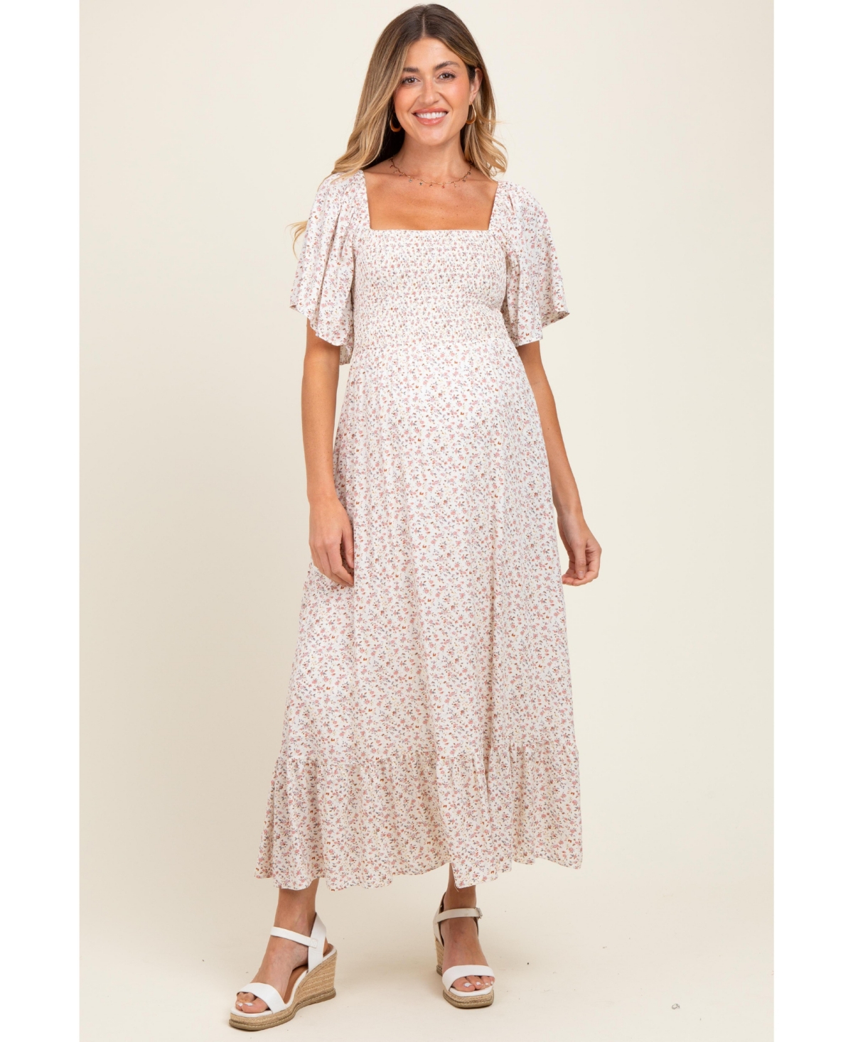 Click here for Pinkblush Cream Multi Ditsy Floral Smocked Materni... prices