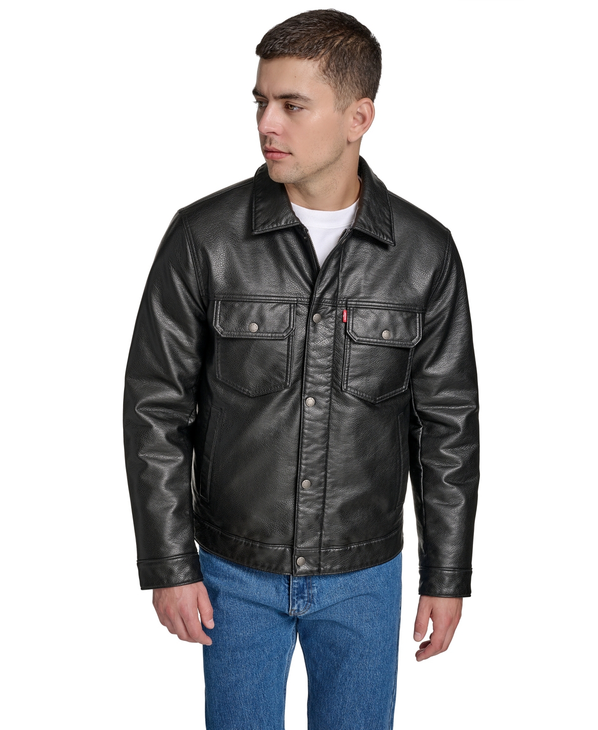 Click here for Levis Mens Faux Leather Trucker Jacket - Black prices