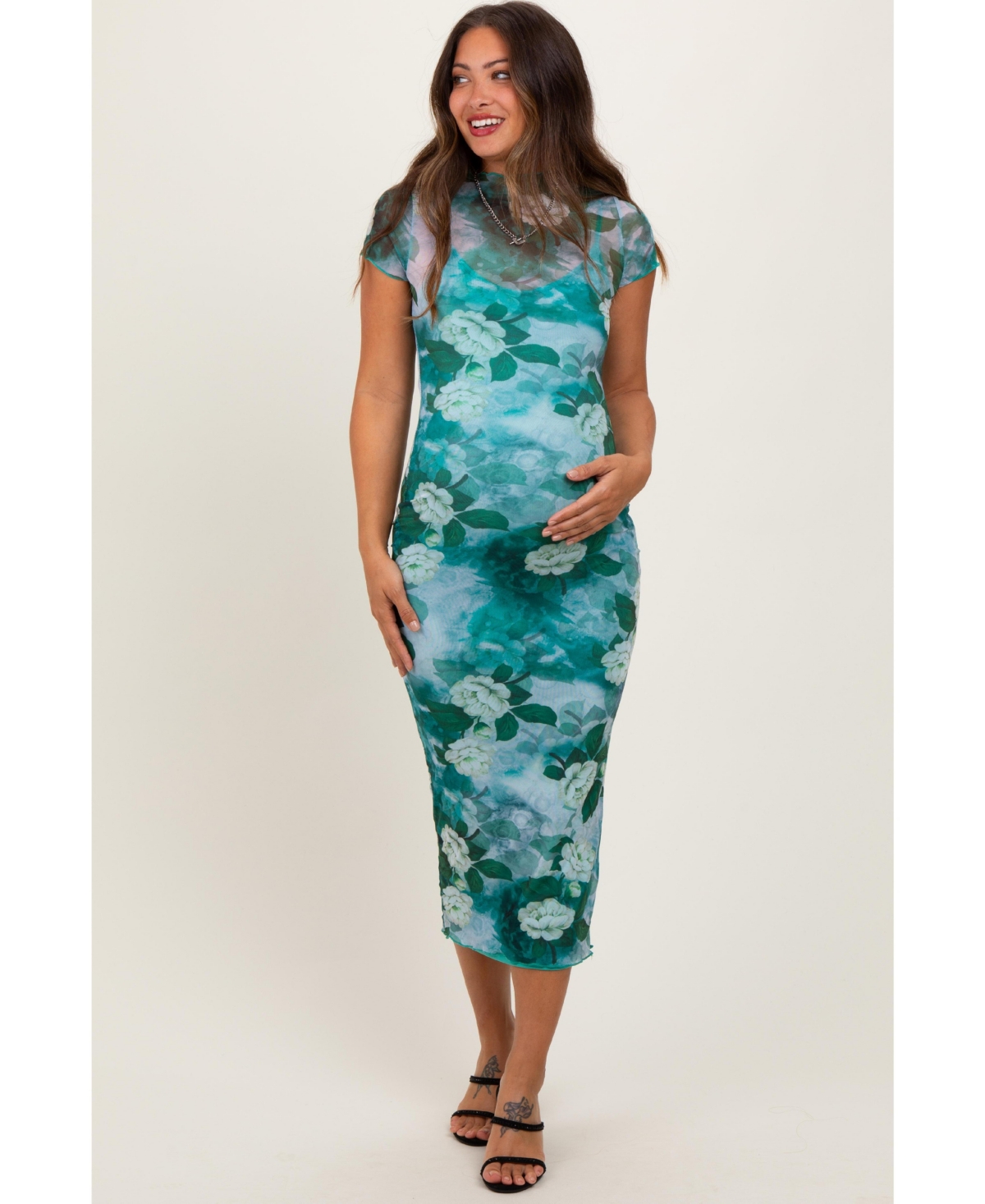 Pinkblush Maternity Green Floral Mesh Overlay Fitted Maxi Dress - Green