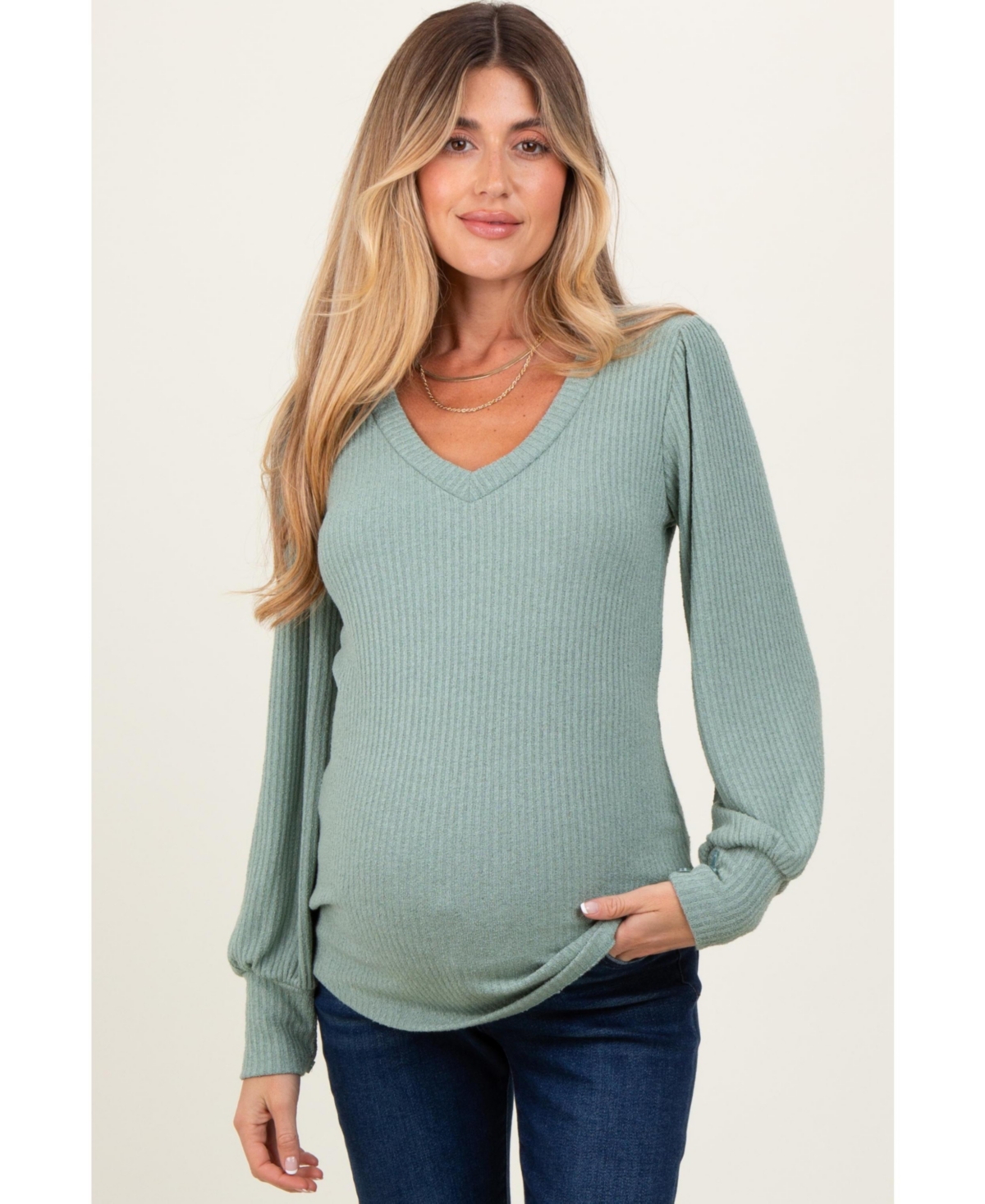 Click here for Pinkblush Maternity Light Olive Ribbed Knit V-Neck... prices