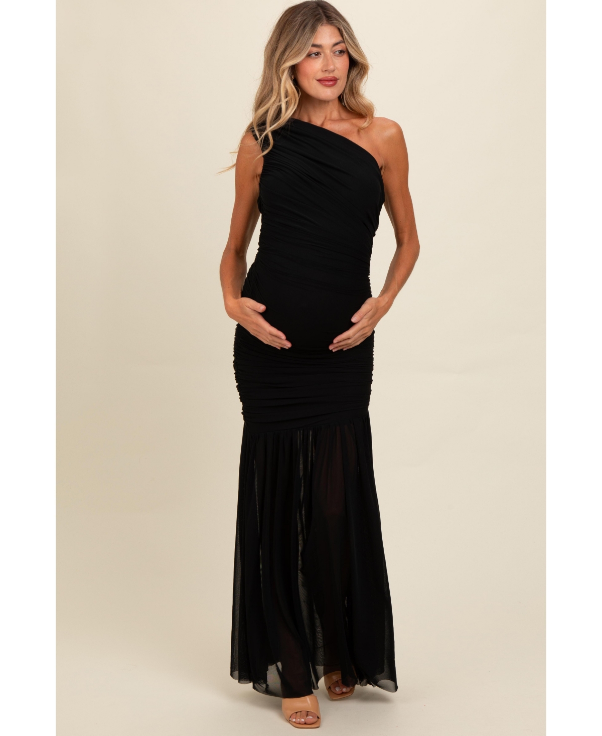 Pinkblush Light Pink Ruched Mesh One Shoulder Maternity Maxi Dress - Black