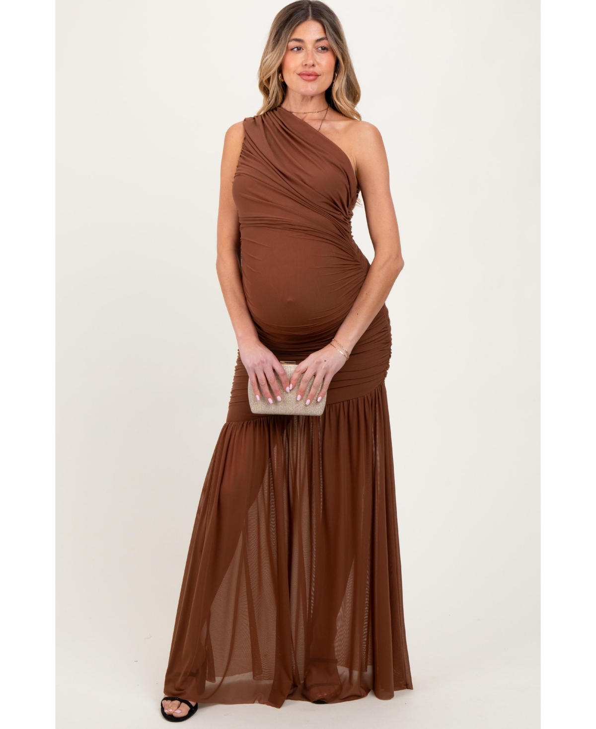 Pinkblush Light Pink Ruched Mesh One Shoulder Maternity Maxi Dress - Mocha