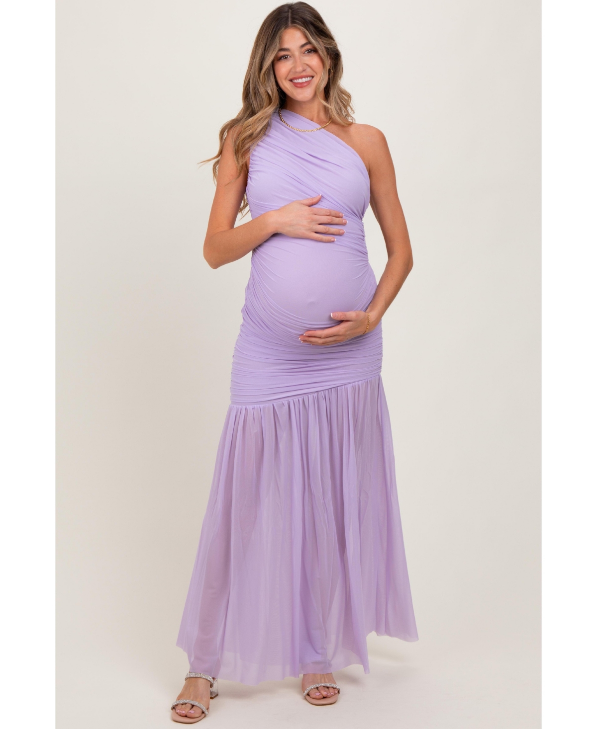 Pinkblush Light Pink Ruched Mesh One Shoulder Maternity Maxi Dress - Lavender