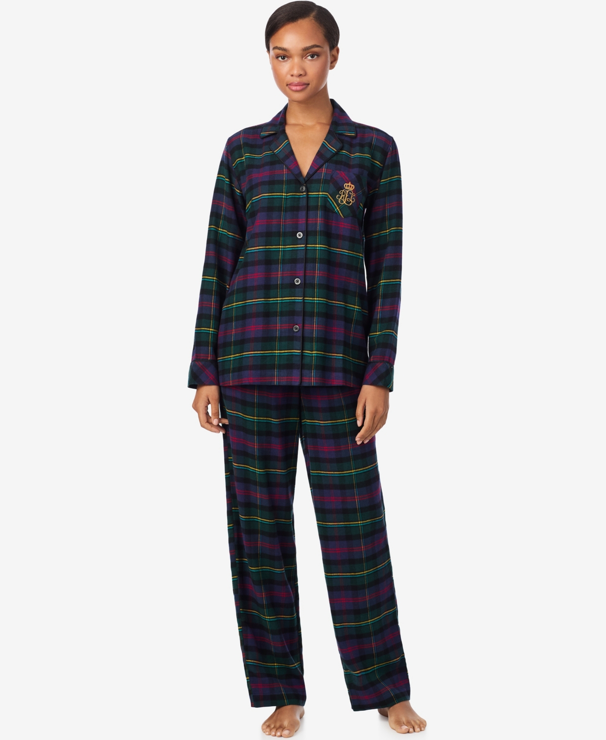 Lauren Ralph Lauren Womens Long Sleeves Notch Collar Pajama Set - Multi Plaid