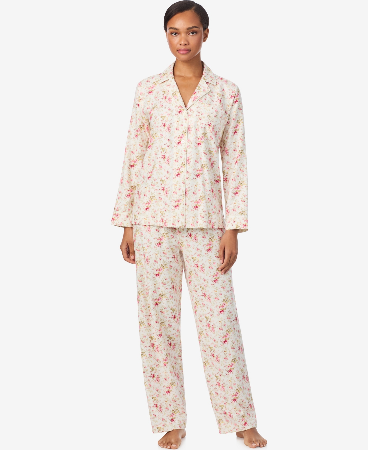Lauren Ralph Lauren Womens Long Sleeves Notch Collar Pajama Set - Cream floral