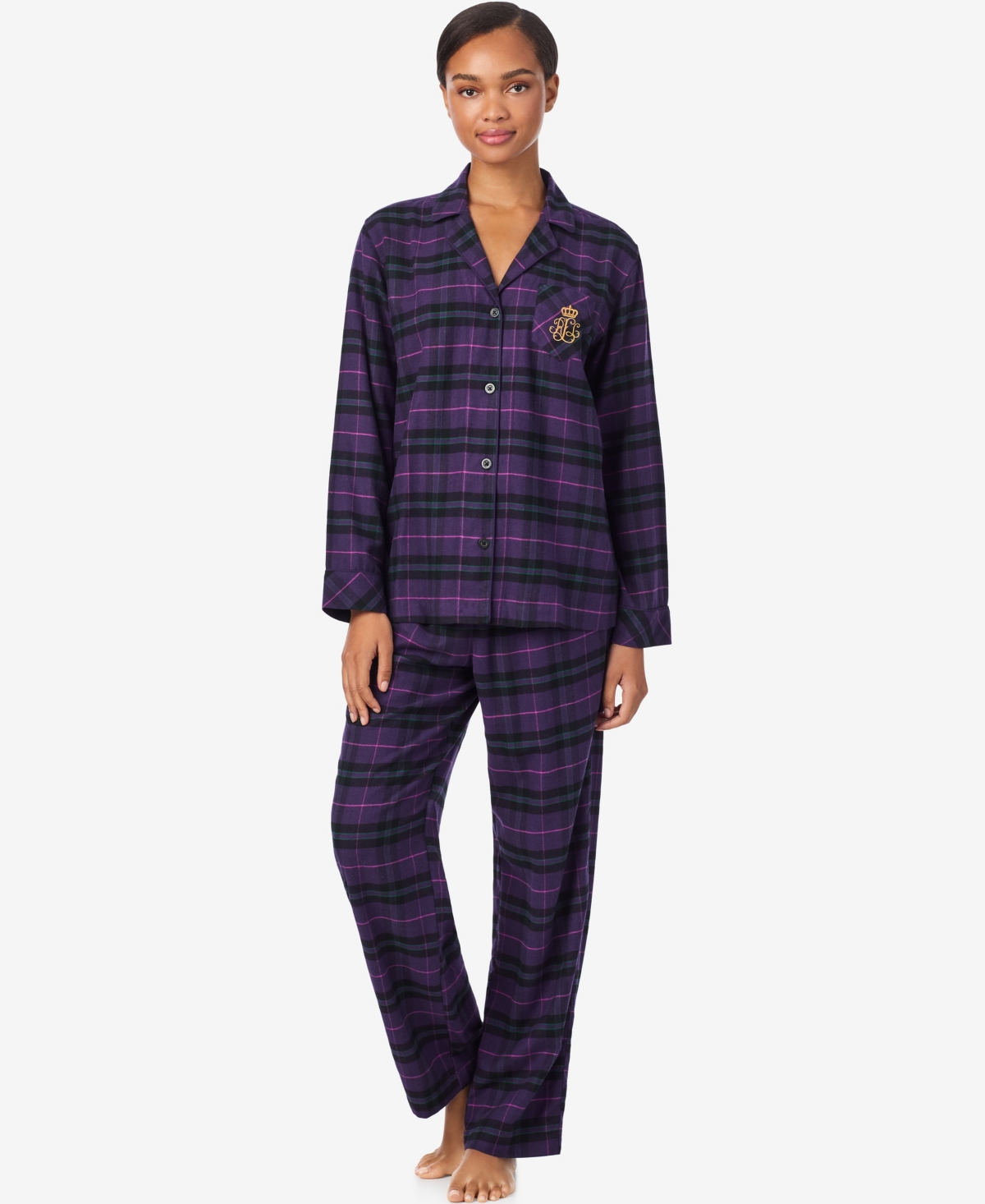 Lauren Ralph Lauren Womens Long Sleeves Notch Collar Pajama Set - Purple plaid