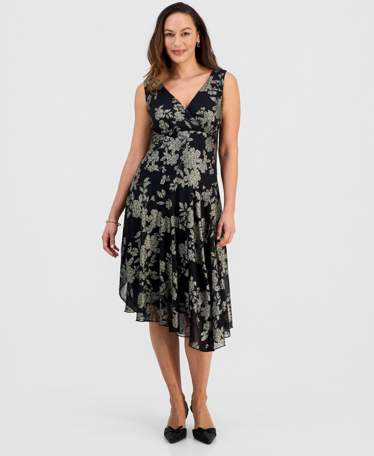 Click here for Connected Petite Metallic Floral Print Asymmetric... prices