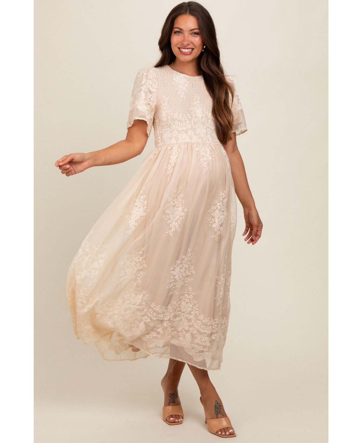 Click here for Pinkblush Cream Embroidered Smocked Maternity Midi... prices