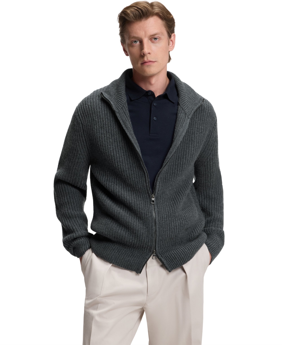 Boss by Hugo Boss Mens Beckham x Boss Wool Cashmere Zip-Up Cardigan - Dark Gray