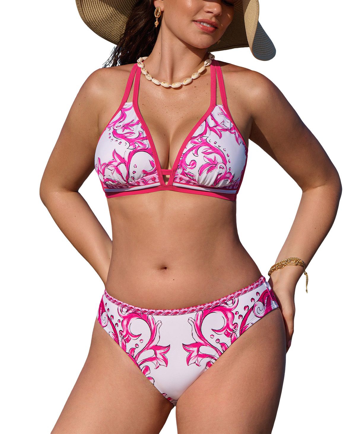 Click here for Cupshe Womens Crimson Meadow Dd+ Bikini Set - Pink prices