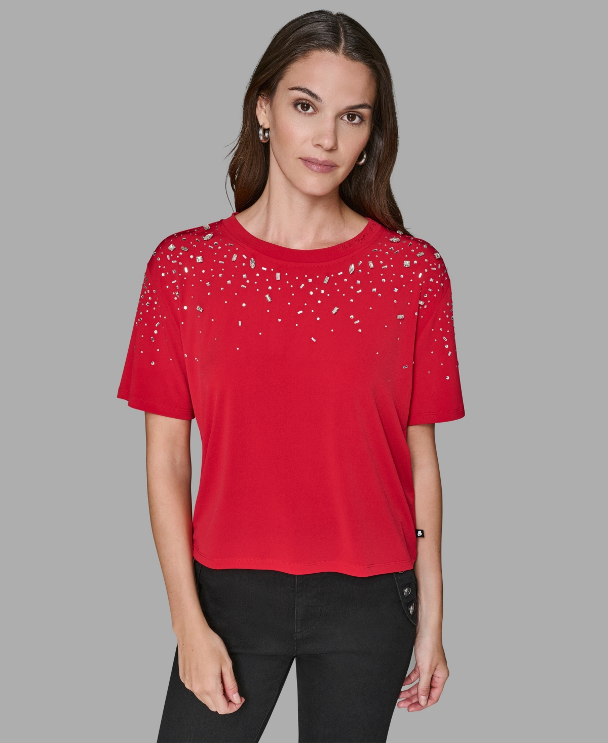 Click here for Karl Lagerfeld Paris Womens Crewneck Embellished T... prices