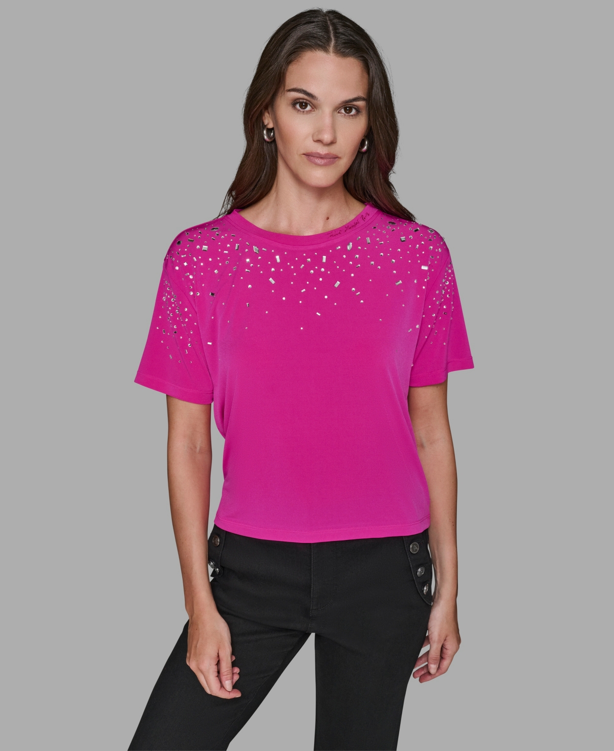 Karl Lagerfeld Paris Womens Crewneck Embellished Top - Pink