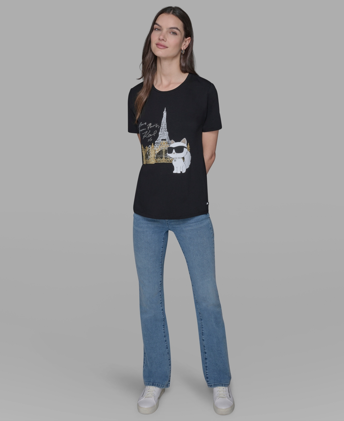 Karl Lagerfeld Paris Womens Crewneck Choupette In Paris Embellished T-Shirt - Black