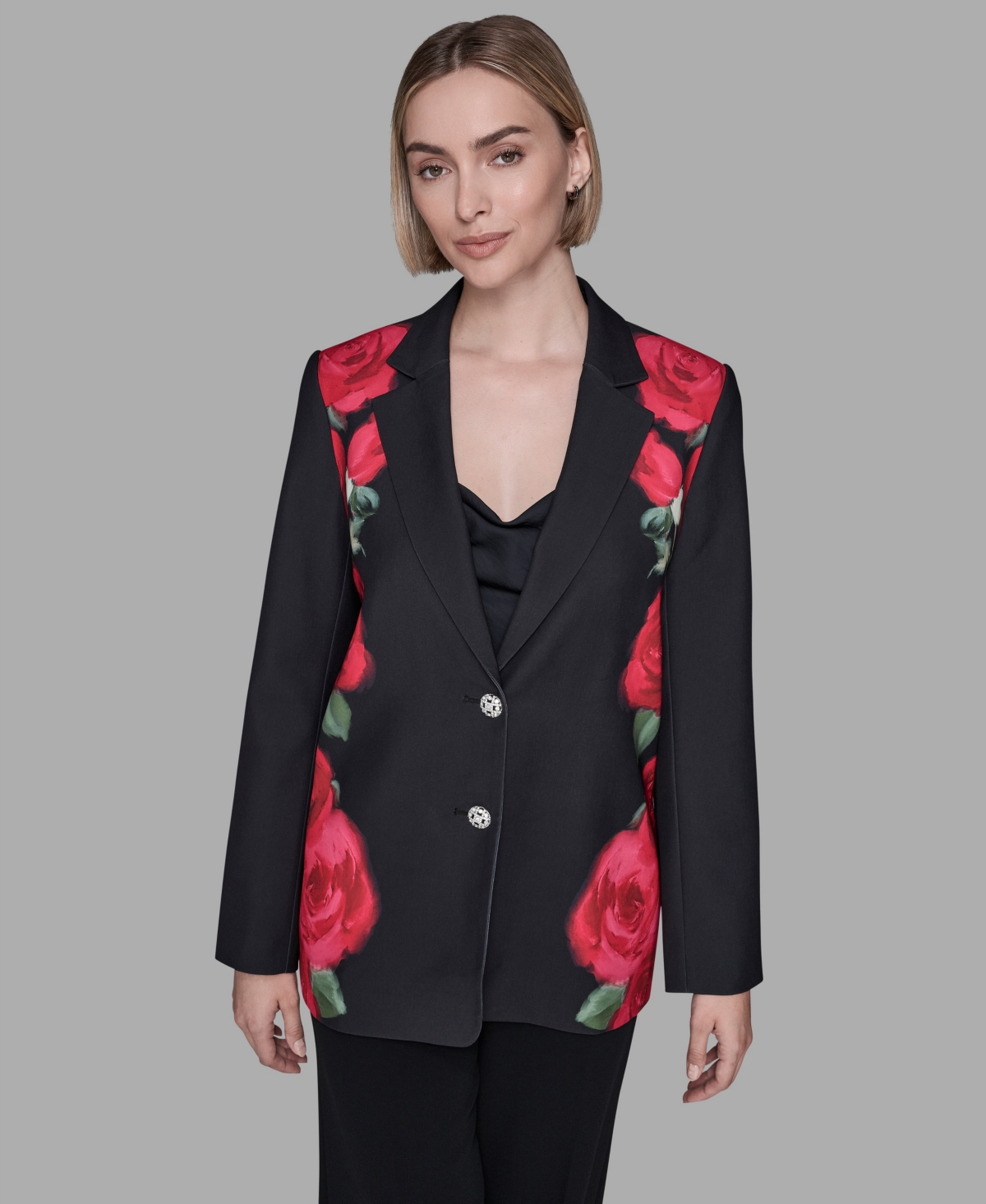 Karl Lagerfeld Paris Womens Floral Print Collar Blazer - Black