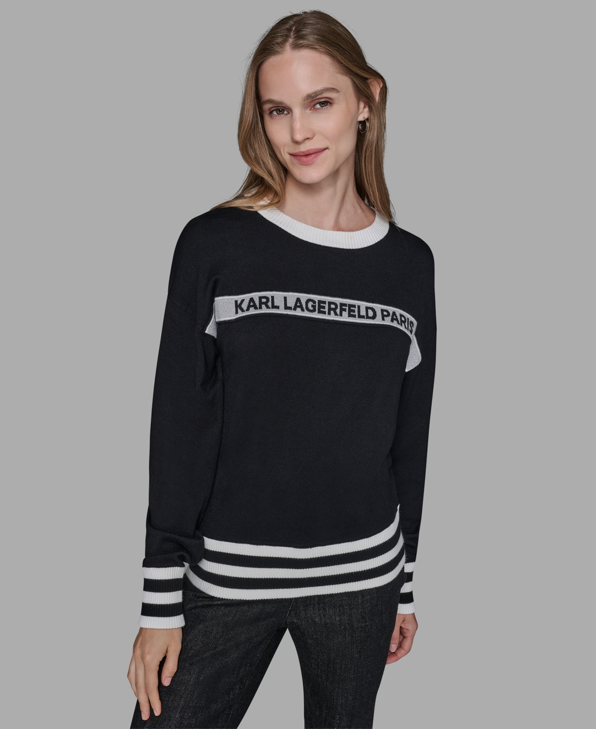 Click here for Karl Lagerfeld Paris Womens Crewneck Logo Striped... prices
