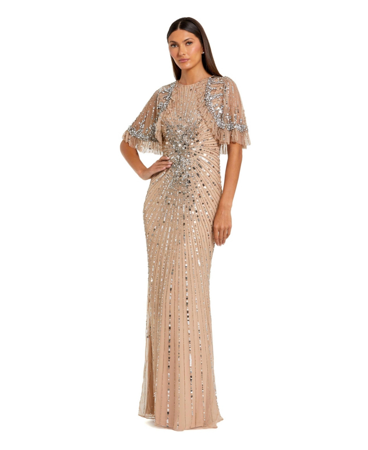 Mac Duggal Womens Fitted Beaded Mesh Gown With Capelet - Nude silver
