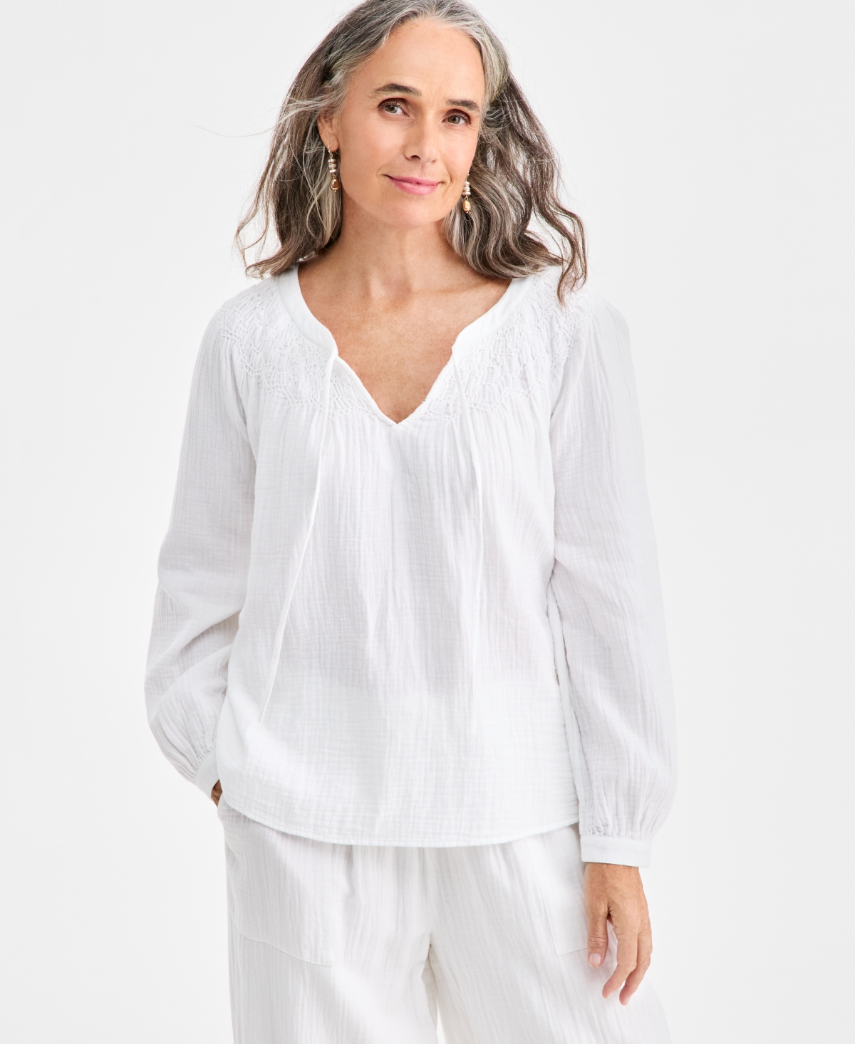 Click here for Style & Co Womens Cotton Smocked Split-Neck Peasan... prices