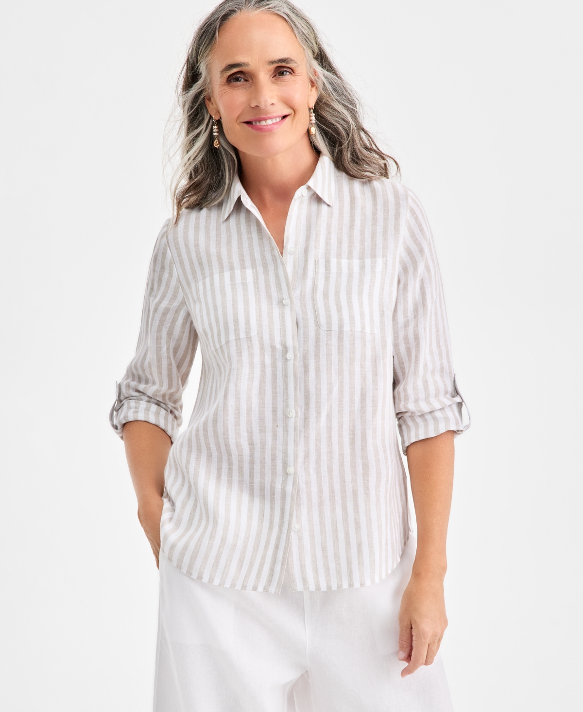 Click here for Charter Club Womens 100 Linen Stripe Roll-Tab-Slee... prices