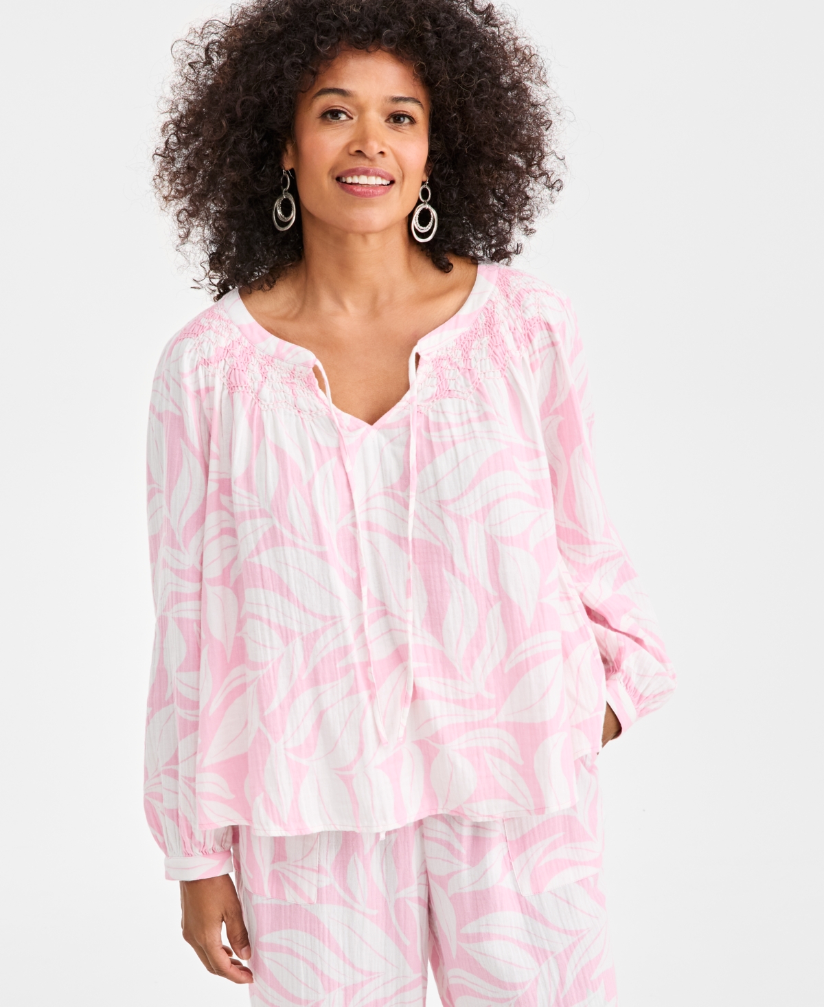 Click here for Style & Co Womens Cotton Smocked Split-Neck Peasan... prices