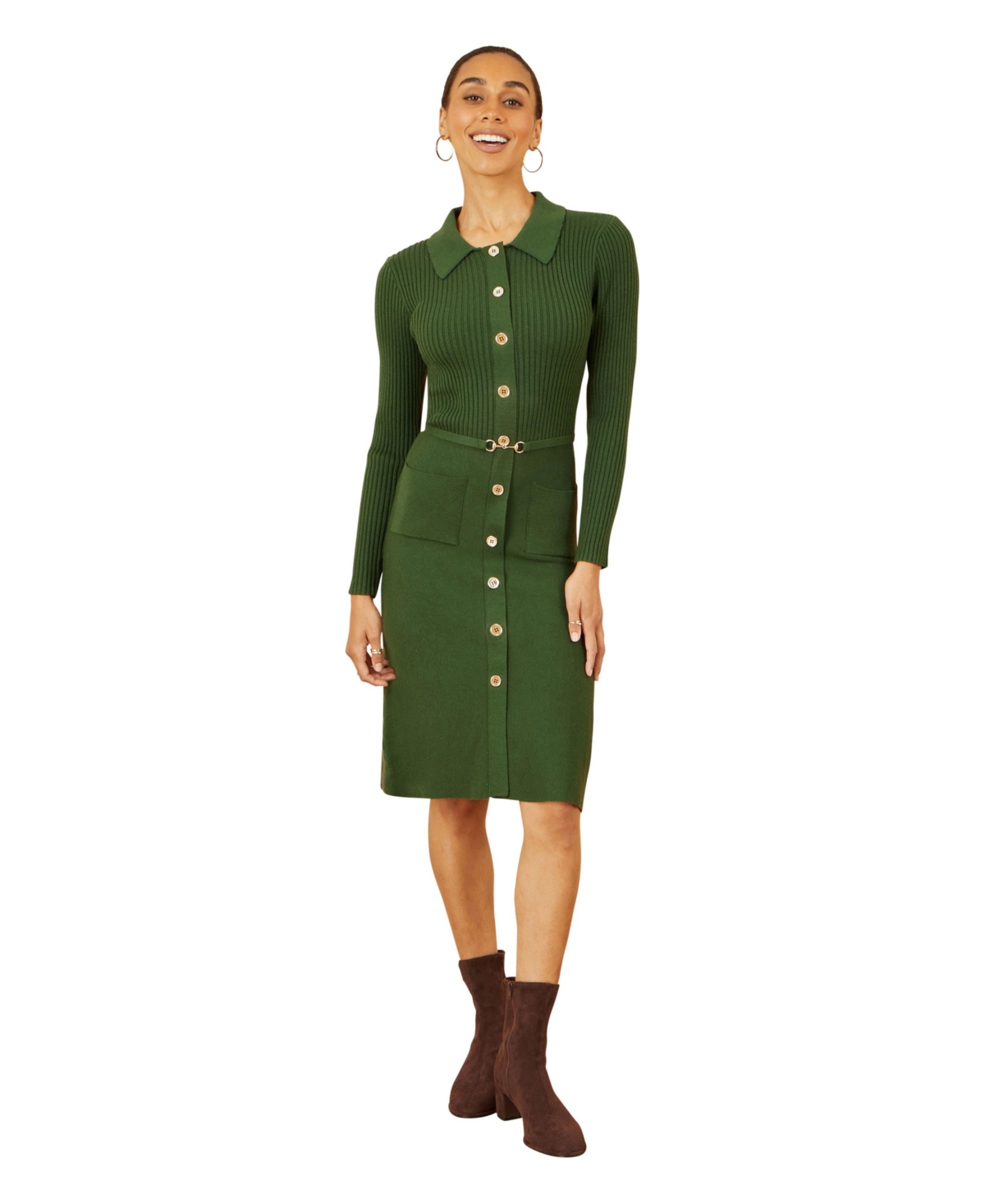 Click here for Yumi Womens Belted Rib Knit Midi Dress With Pocket... prices