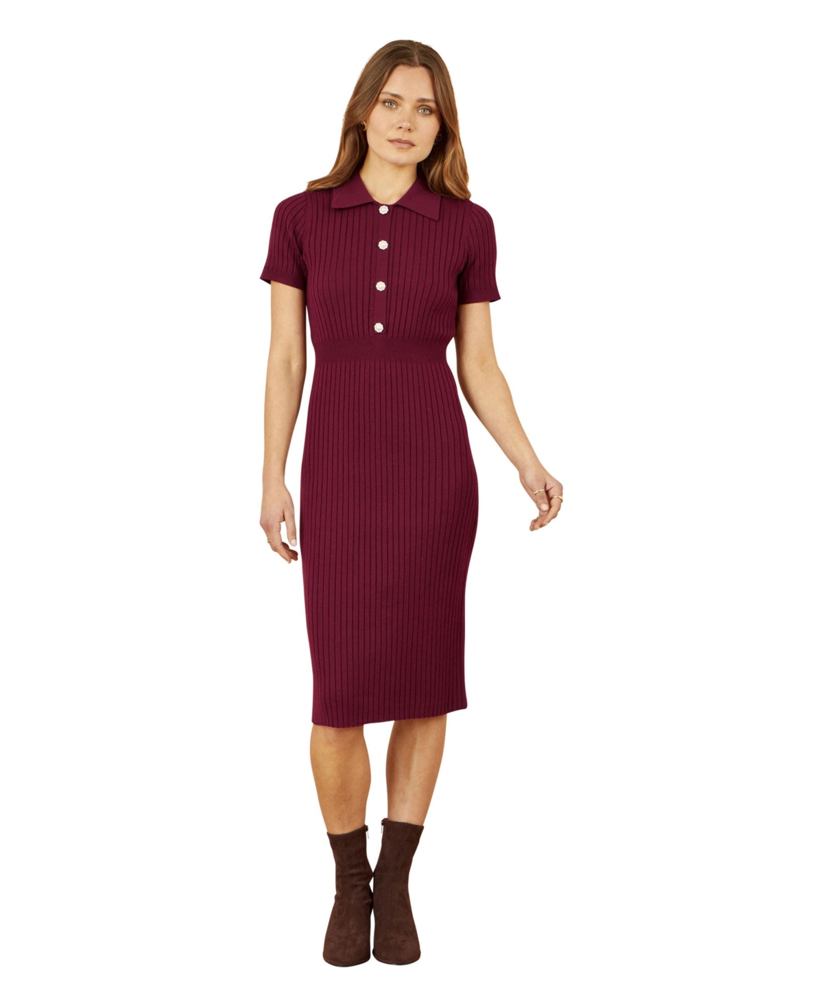 Click here for Yumi Womens Fitted Rib Knitted Midi Dress - Burgun... prices