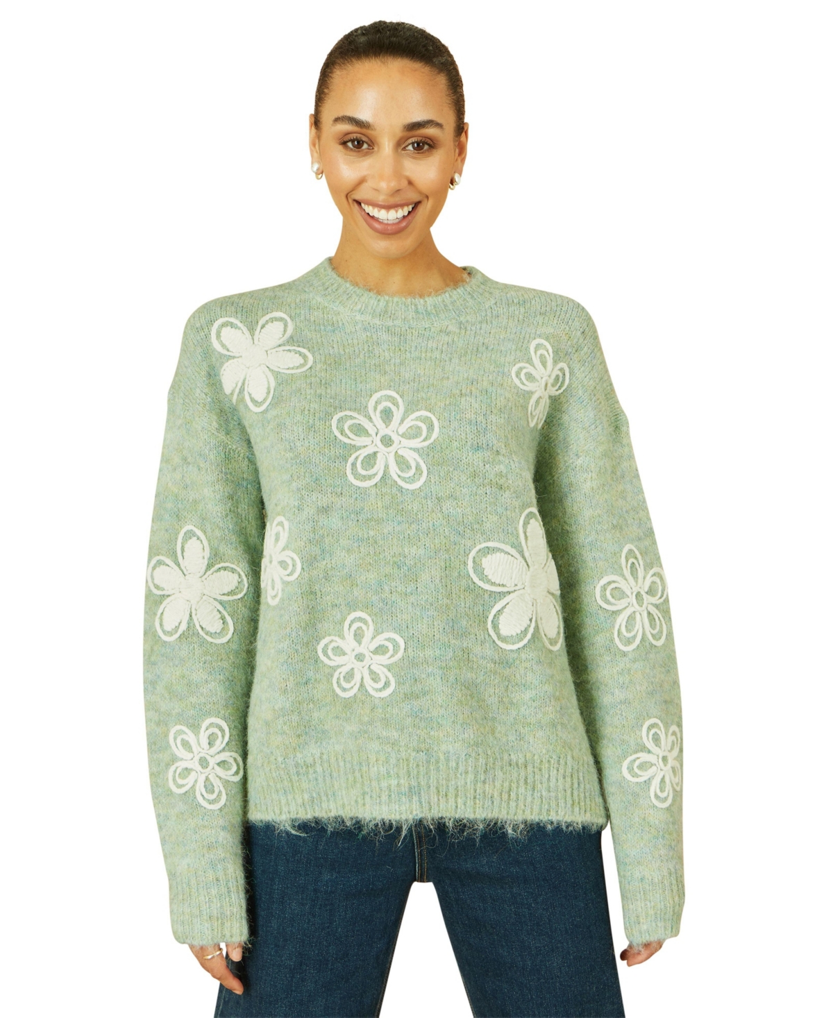 Click here for Yumi Womens Crochet Flower Knit Sweater - Sea gree... prices